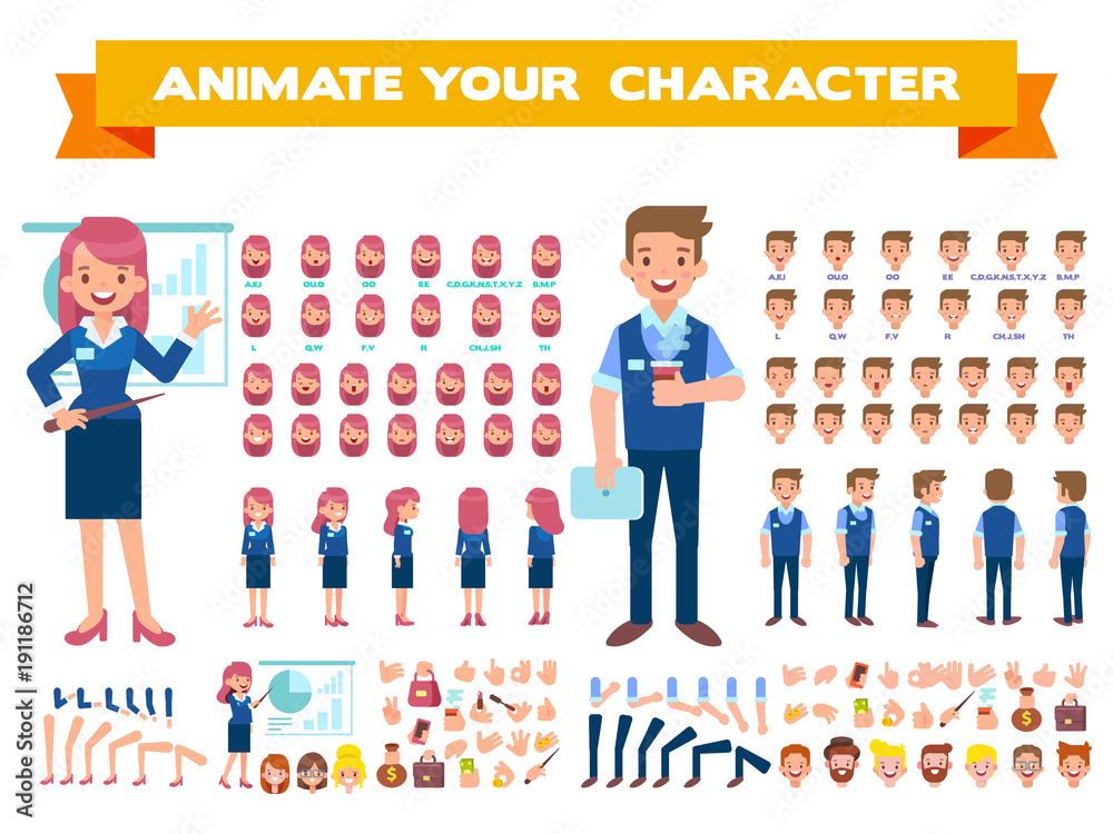 Front, side, back view animated character. Business woman and man ...