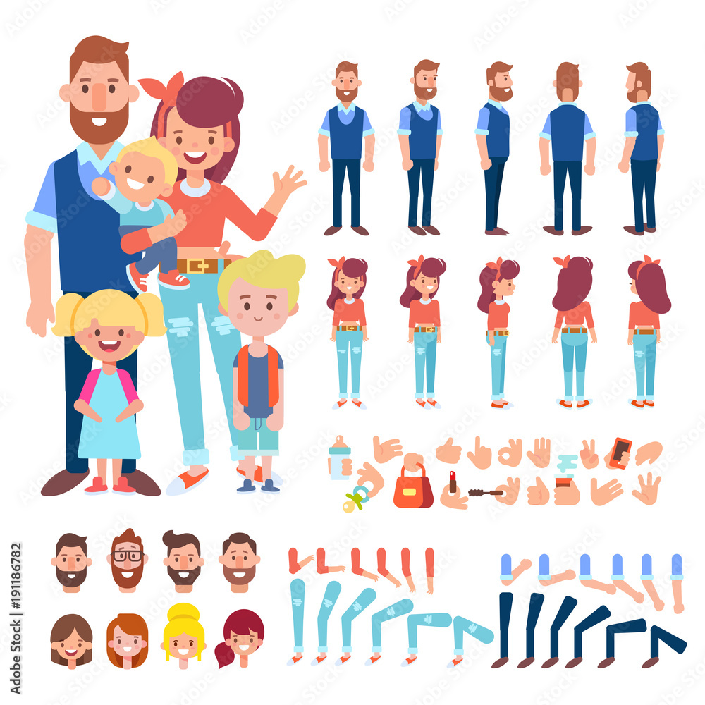 Happy Family Characters - mom, dad and children. Front, side, back view ...