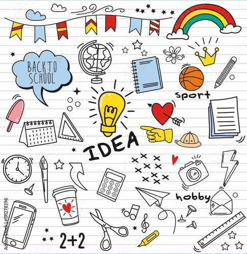 Set of colorful doodle on paper background.Doodles back to school ...