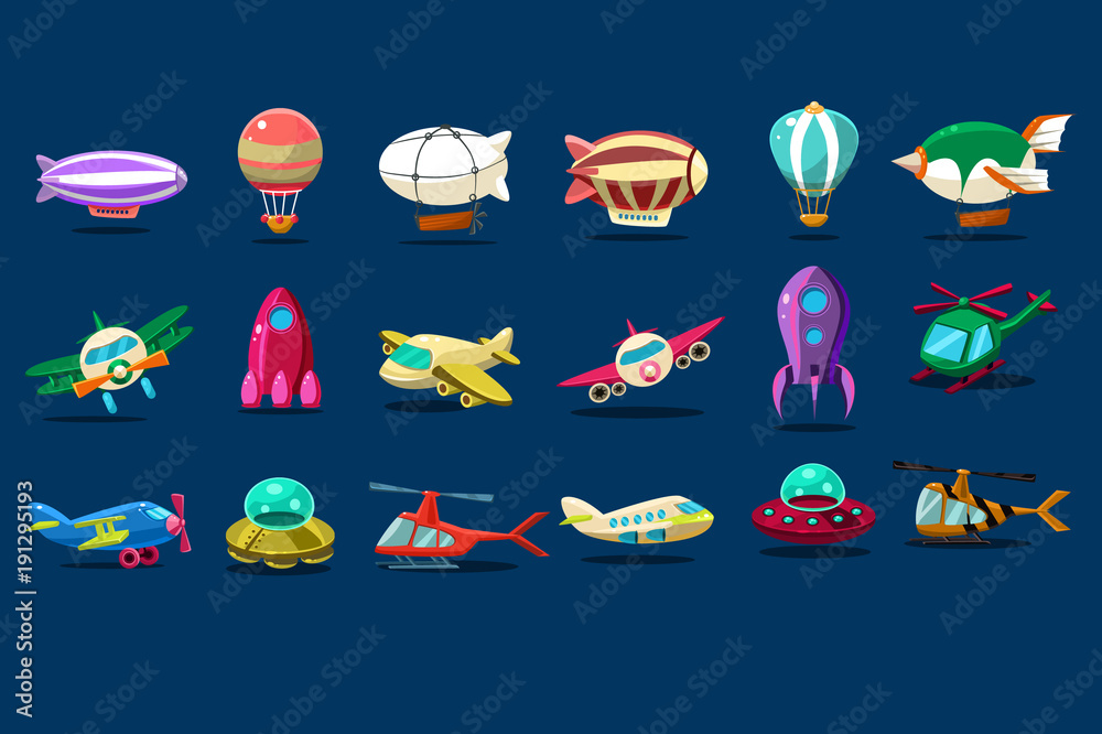 Cartoon set of different types of aircrafts. Alien saucers, airplanes ...