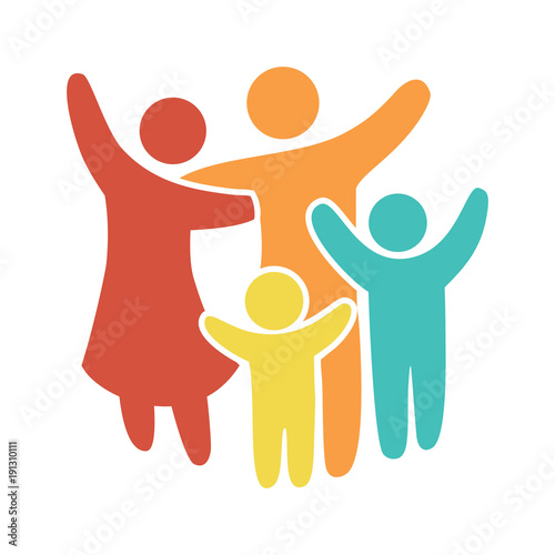 Happy family icon multicolored in simple figures. Two children, dad and ...