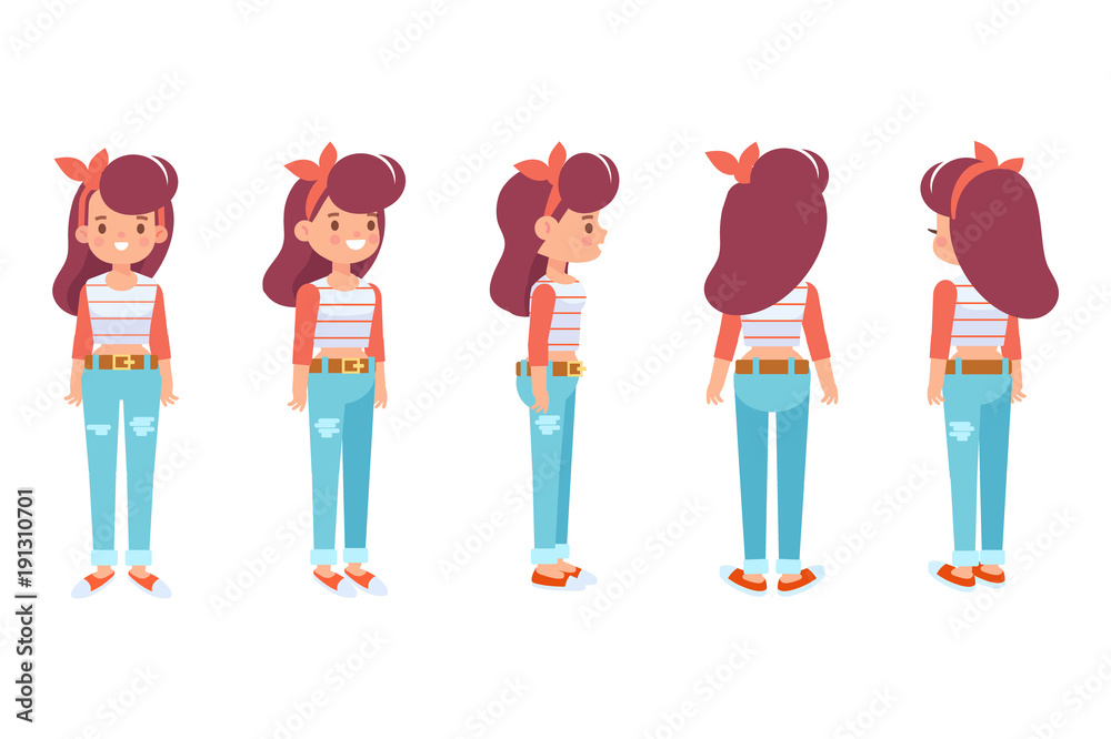 Pretty girl for animation. Front, side, back, 3/4 view character ...