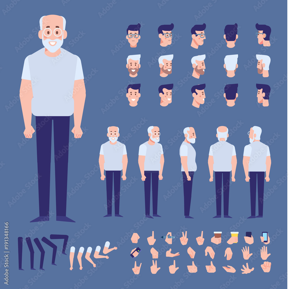 Elderly man character creation set with various views, hairstyles ...