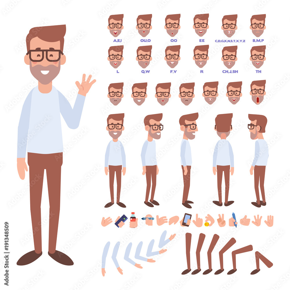 เวกเตอร์ Stock Front, side, back view animated character. Hipster man ...