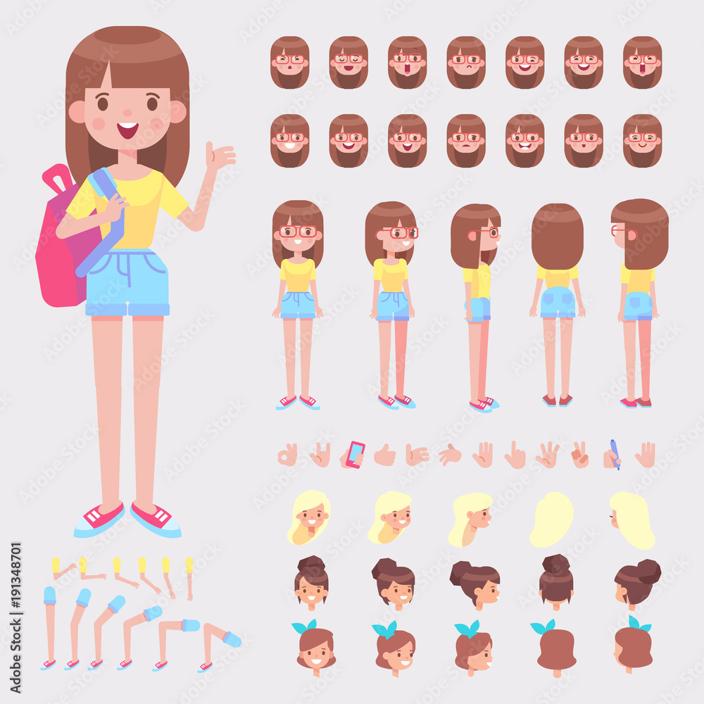 Front, side, back view animated character. Teenage girl character ...