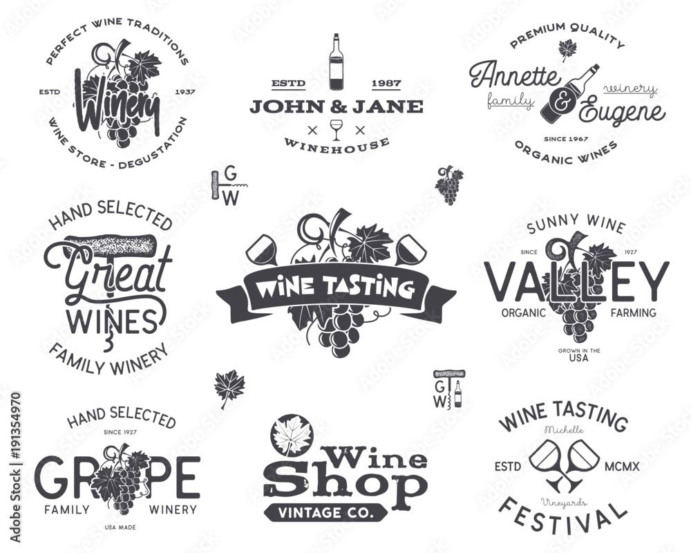 Wine logos, labels set. Winery, wine shop, vineyards badges collection ...