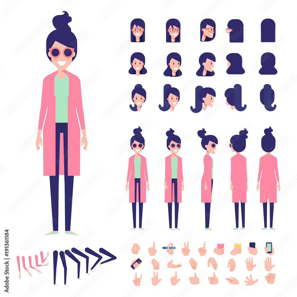 Front, side, back view animated character. Fashion girl character ...