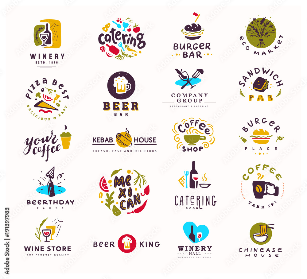 Collection of vector flat food and alcohol logo set isolated on white ...
