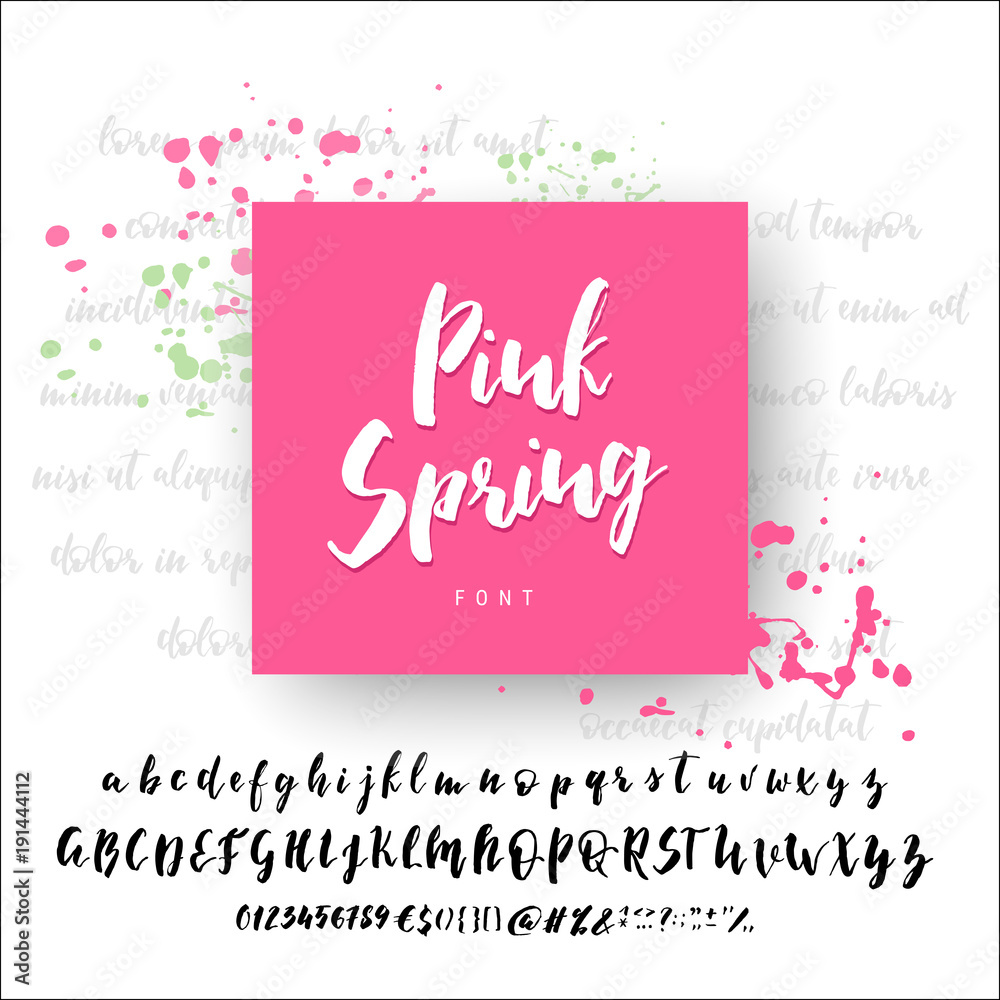 Hand Drawn Font Alphabet scrypt. Bruch ink Calligraphy Type. Pink ...