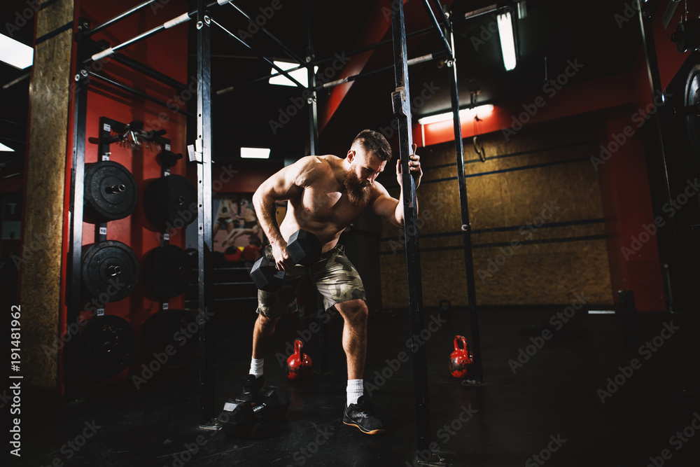 Powerful motivated bodybuilder shirtless guy holding dumbbell and doing ...