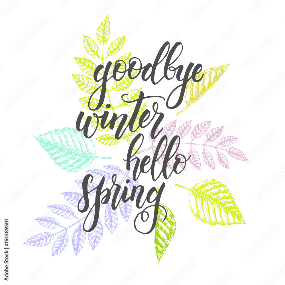 Hand drawn lettering phrase "goodbye winter hello spring". Floral ...