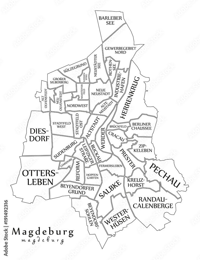 Vetor Modern City Map - Magdeburg city of Germany with boroughs and titles DE outline map do ...