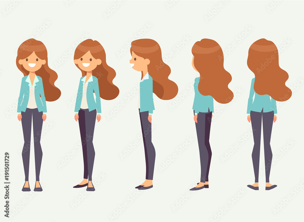 Young girl for animation. Front, side, back, 3/4 view character ...