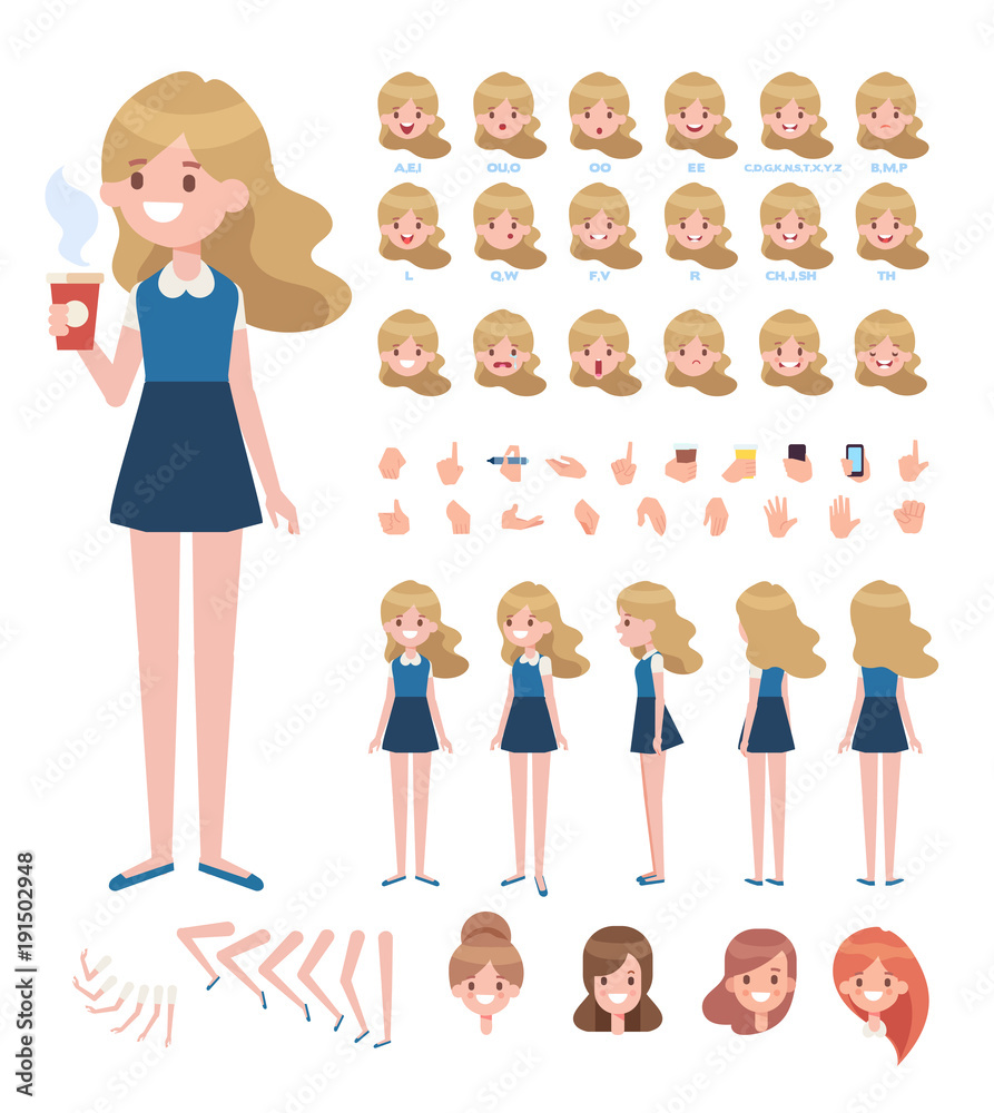 Front, side, back, 3/4 view animated character. Young girl character ...