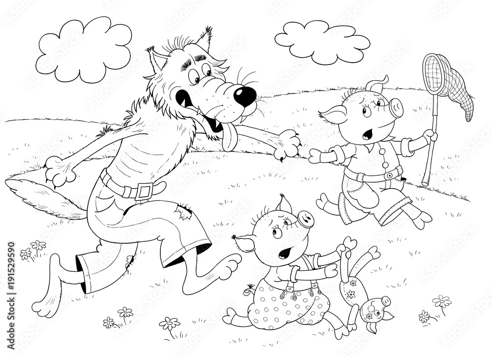 Three little pigs. Fairy tale. Coloring book. Coloring page ...
