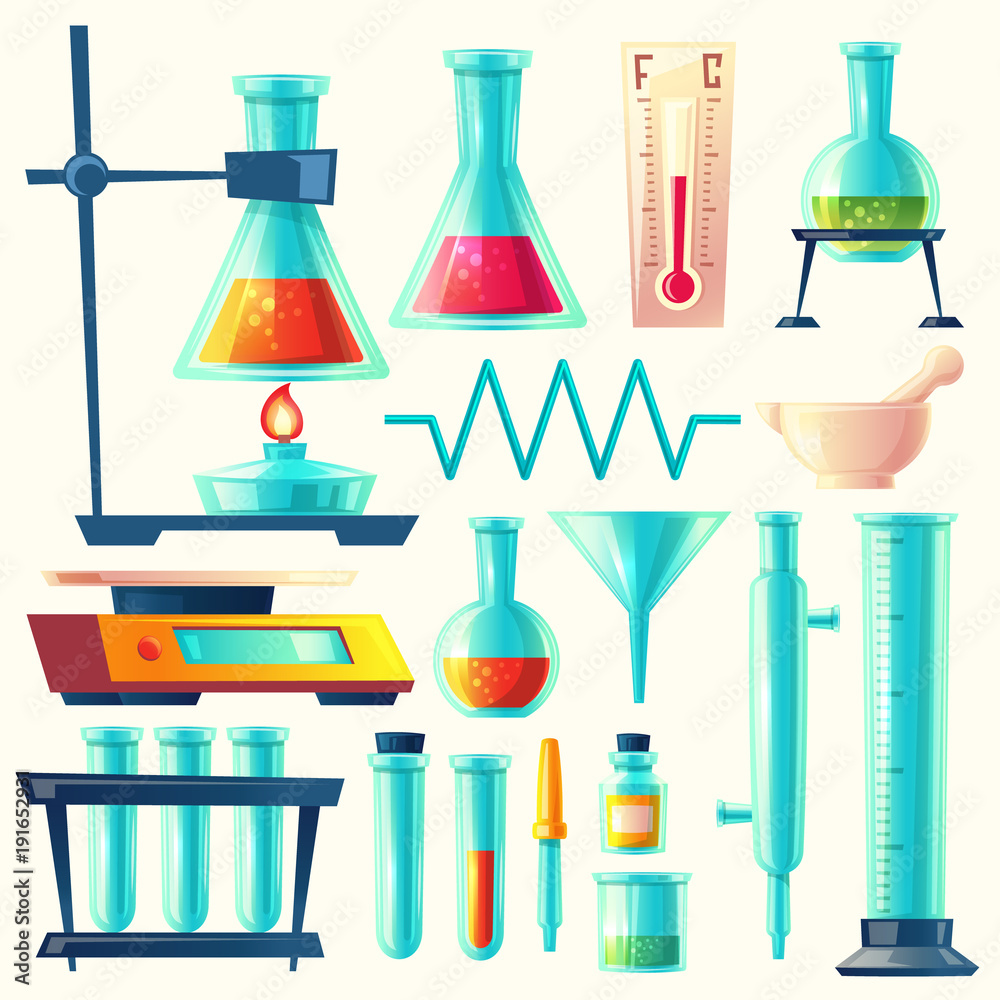 Vector cartoon laboratory equipment, glassware set. Chemical ...