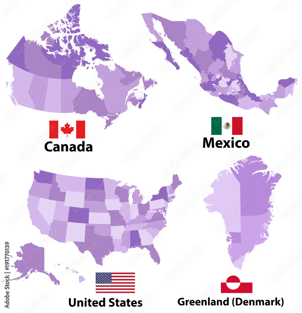 vector maps and flags of North America countries with administrative ...