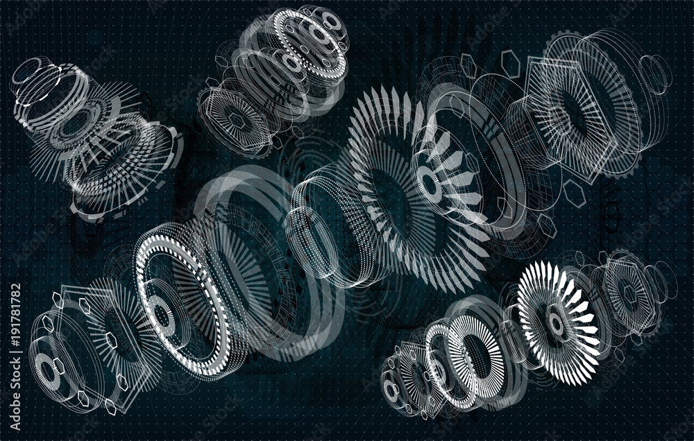 Mechanical diagram, vector drawing with circles and geometric parts of ...
