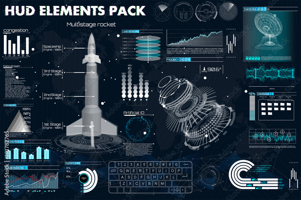 Space launch rockets, instrument panel, grafics, radars, space dish ...