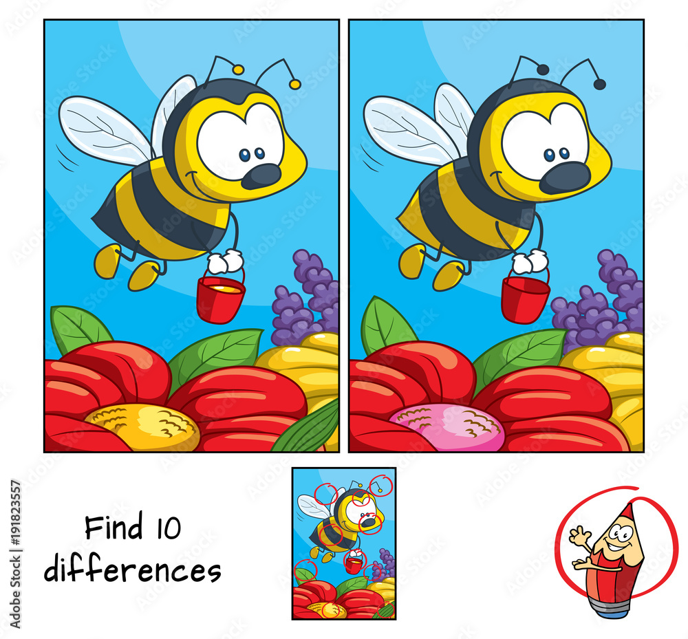 Funny little bee with a bucket flying for honey. Find 10 differences ...