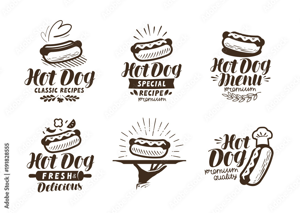 Hot dog logo or label. Fast food, takeaway icon. Lettering vector ...