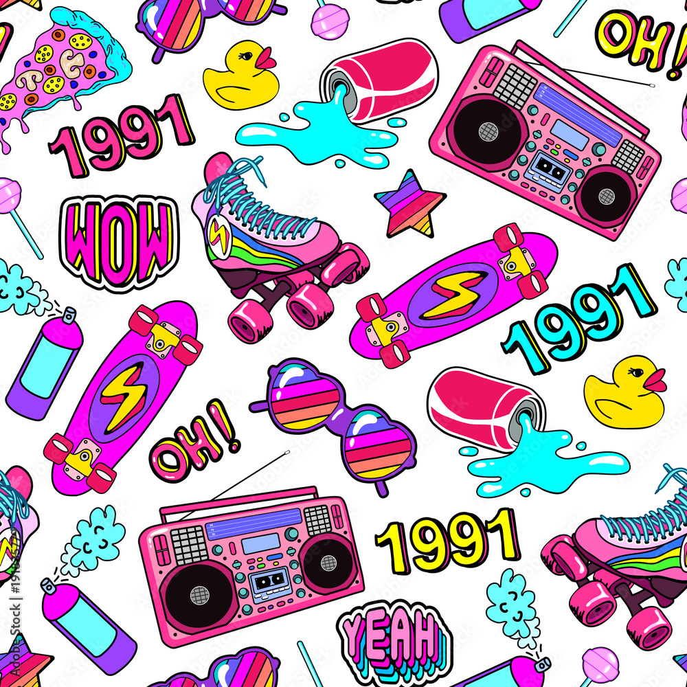 Seamless pattern with colorful elements from the nineties. Background ...