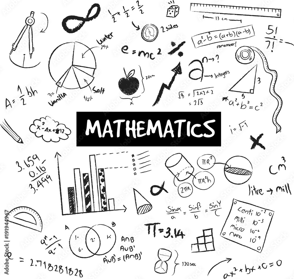 Math theory and mathematical formula equation and model or graph doodle ...