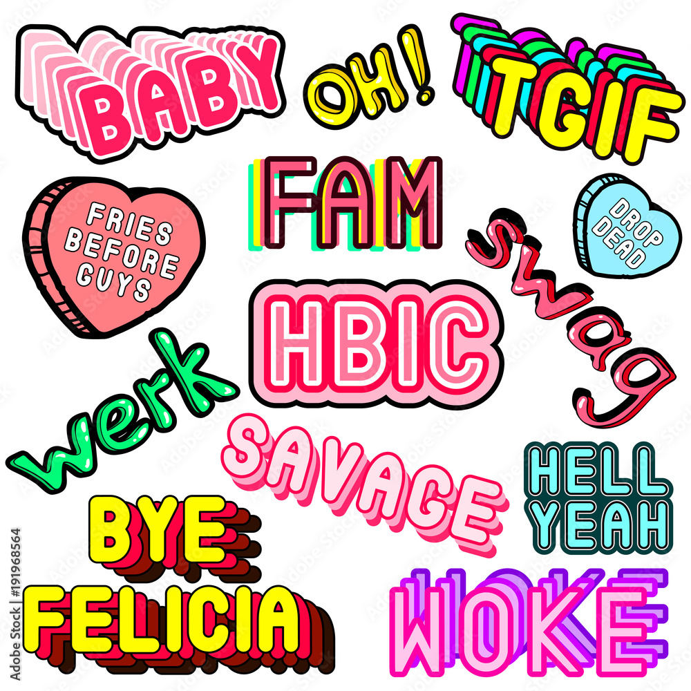 Vector set of cartoon colorful phrases, words: "fam", "swag", "savage ...