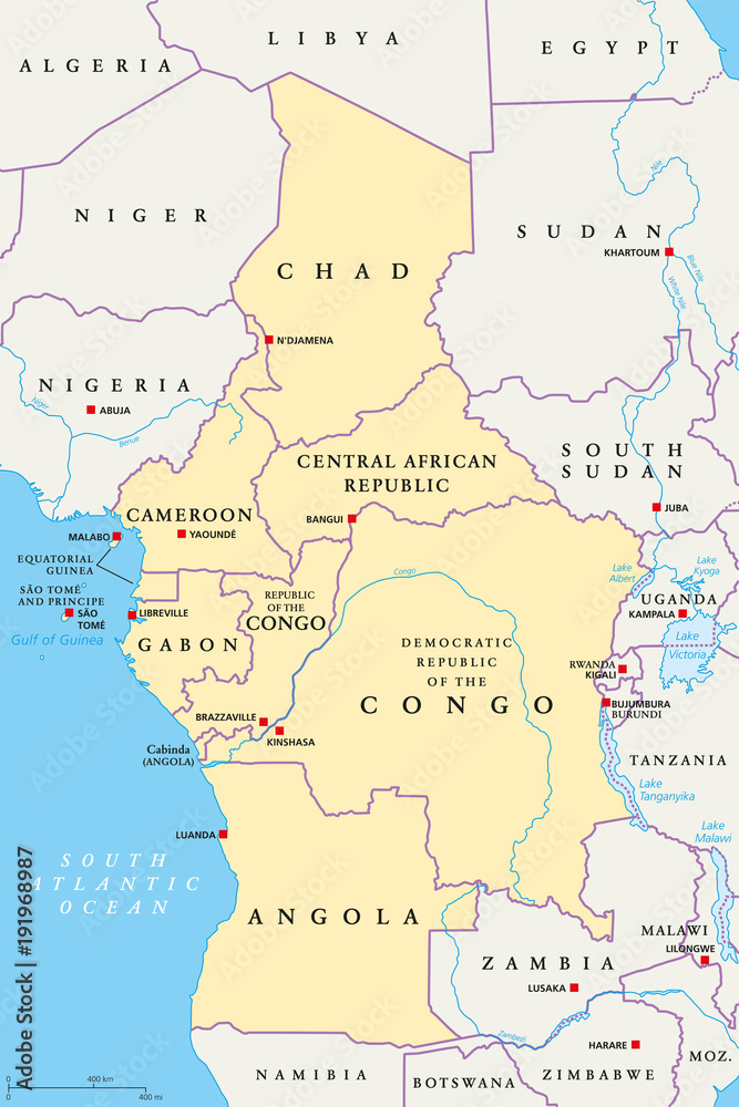 Central Africa region, political map. Area with capitals, borders ...