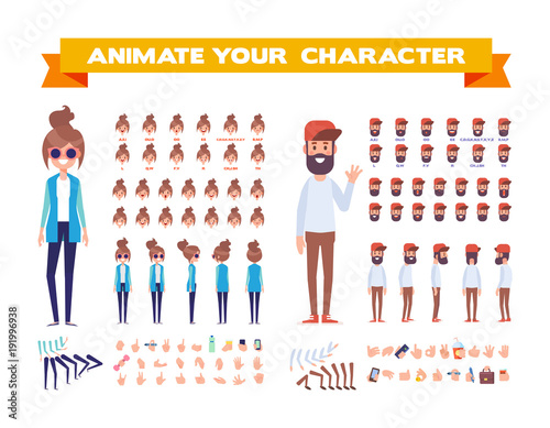 Front, side, back view animated characters. Male and female characters ...