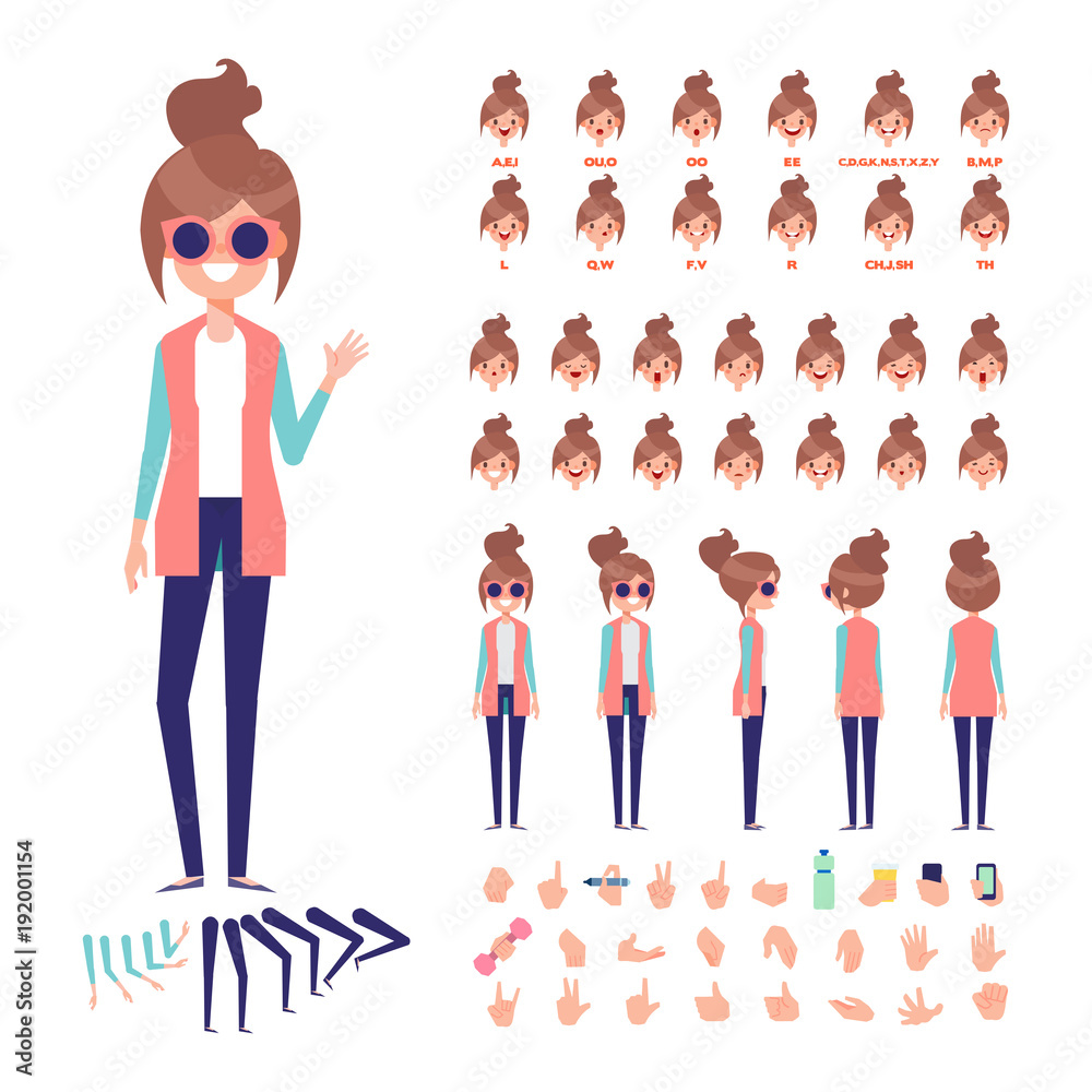 Front, side, back, 3/4 view animated character. Young girl character ...