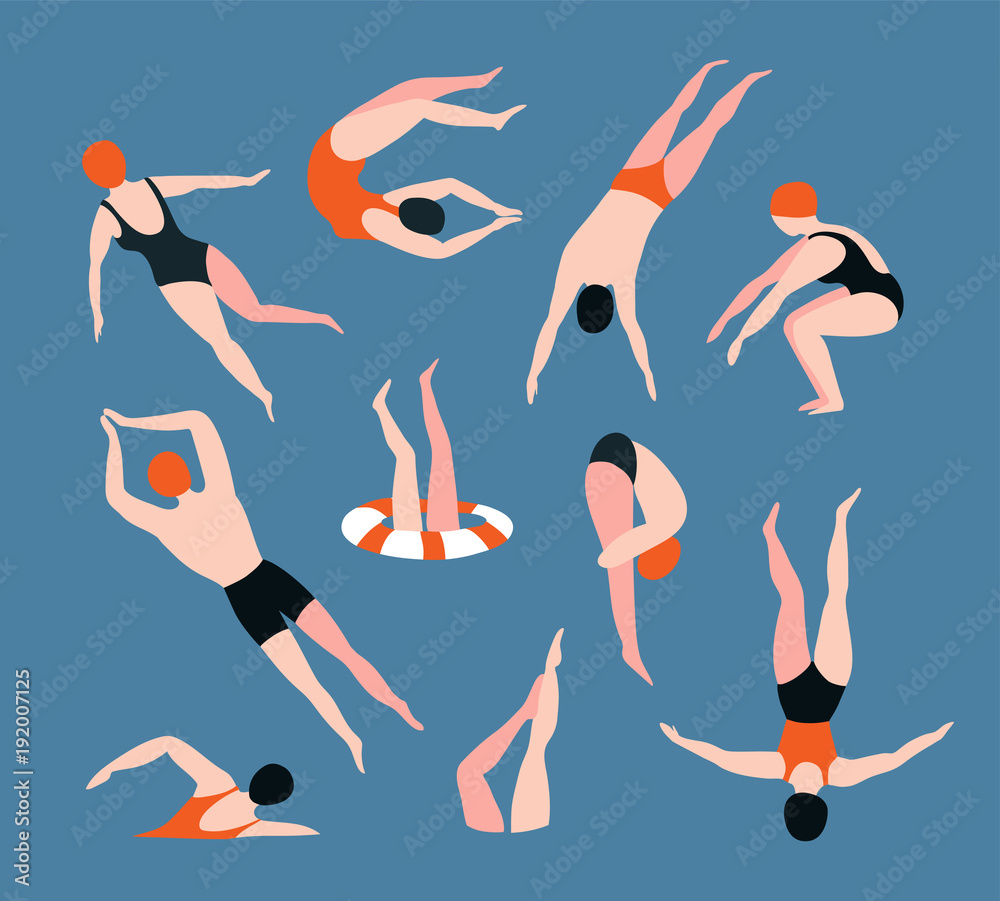 Summer set with swimming people isolated on the blue background ...