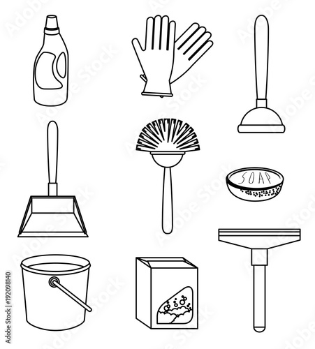 set of cleaning supplies sketch black and white vector illustration ...