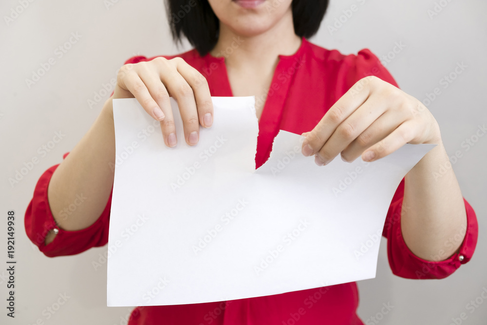 Girl tearing a piece of paper in half blank white flyer brochure ...