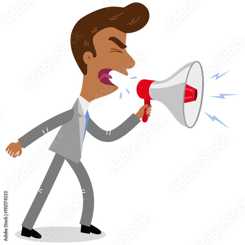 Vector illustration of an angry asian cartoon businessman yelling into ...