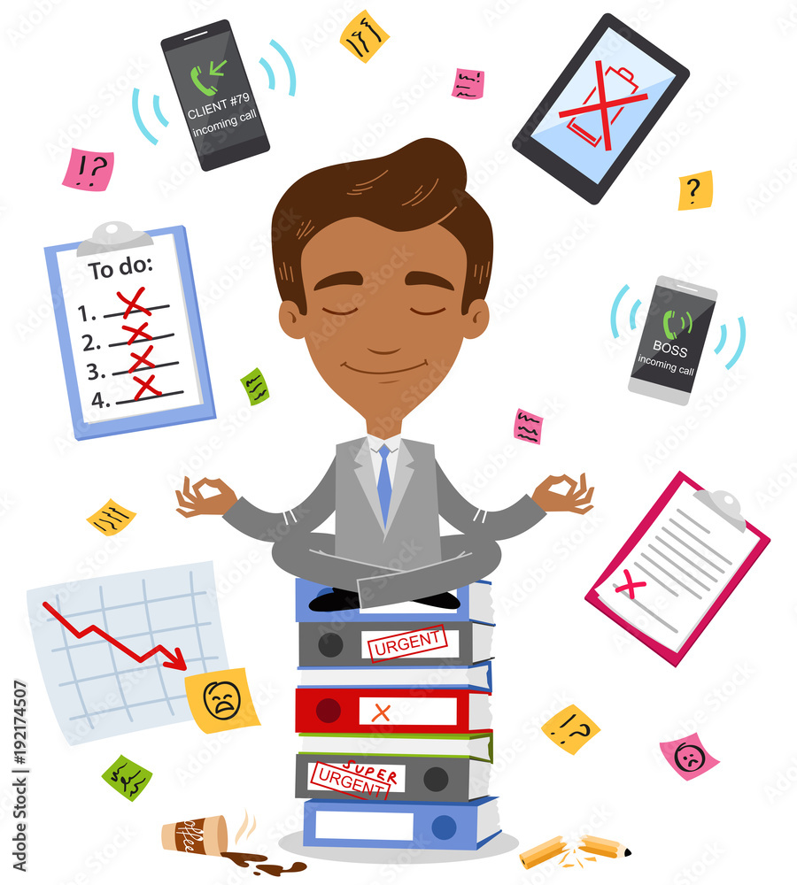 Vector illustration of a calm asian businessman sitting on stack of ...