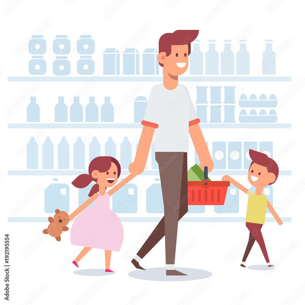 Happy family shopping. Dad and happy kids in supermarket. Flat Vector ...