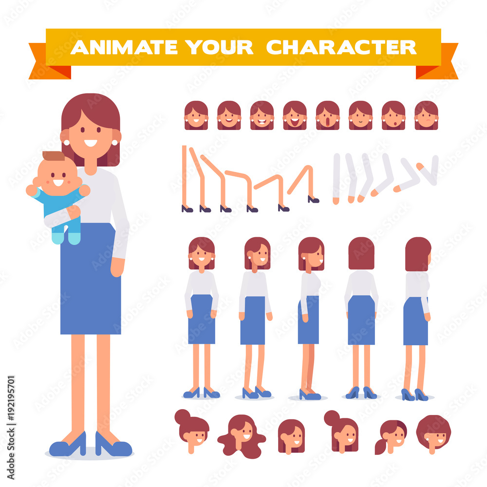 Front, side, back, 3/4 view animated character. Young mother character ...