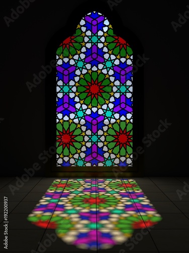 Islamic window, colored stained glass window of a mosque with a ...