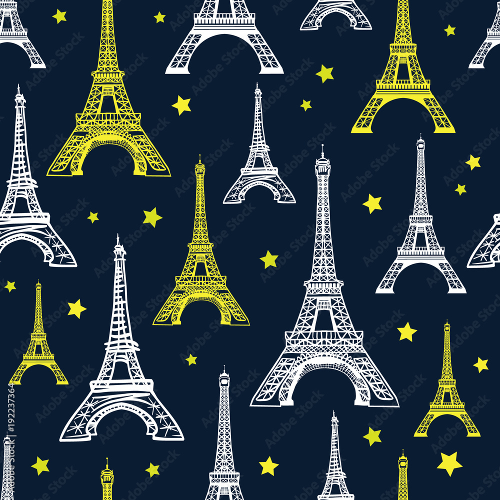 Vector Black, White, and Yellow Eiffel Tower Seamless Pattern. French ...