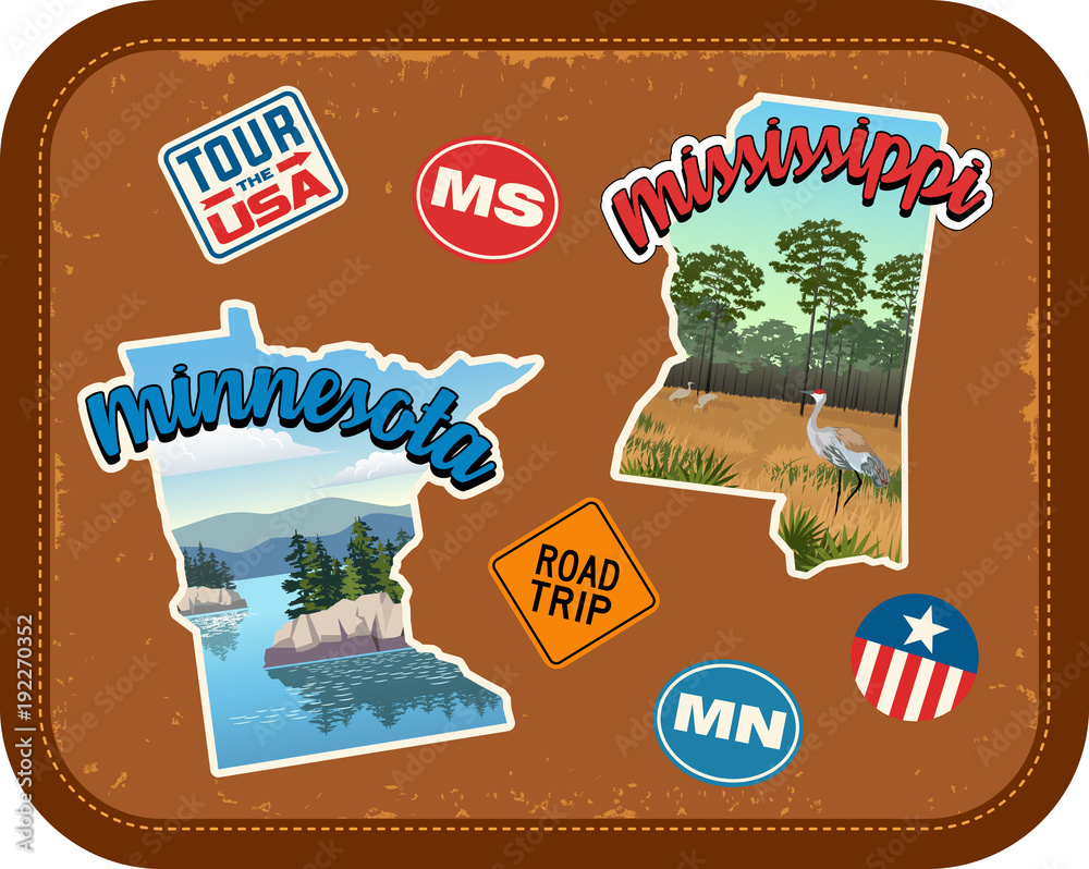 Minnesota, Mississippi travel stickers with scenic attractions and ...