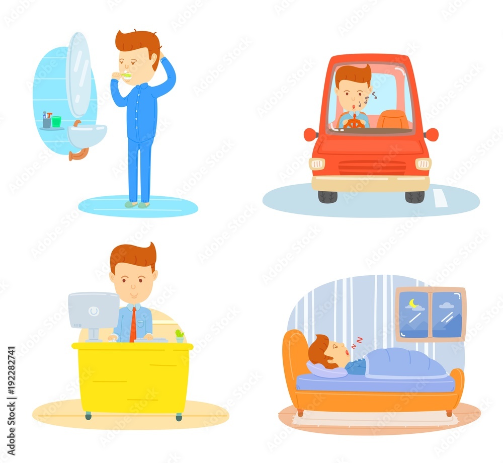 Vector de Stock Daily routine of one business man, Brushing teeth in ...