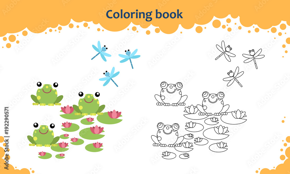 Coloring book page for kids. Color the cartoon frogs with lily and ...