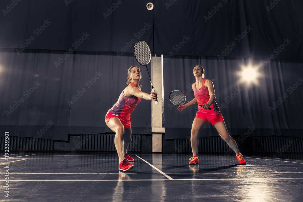 Young women playing badminton at gym Stock Photo | Adobe Stock