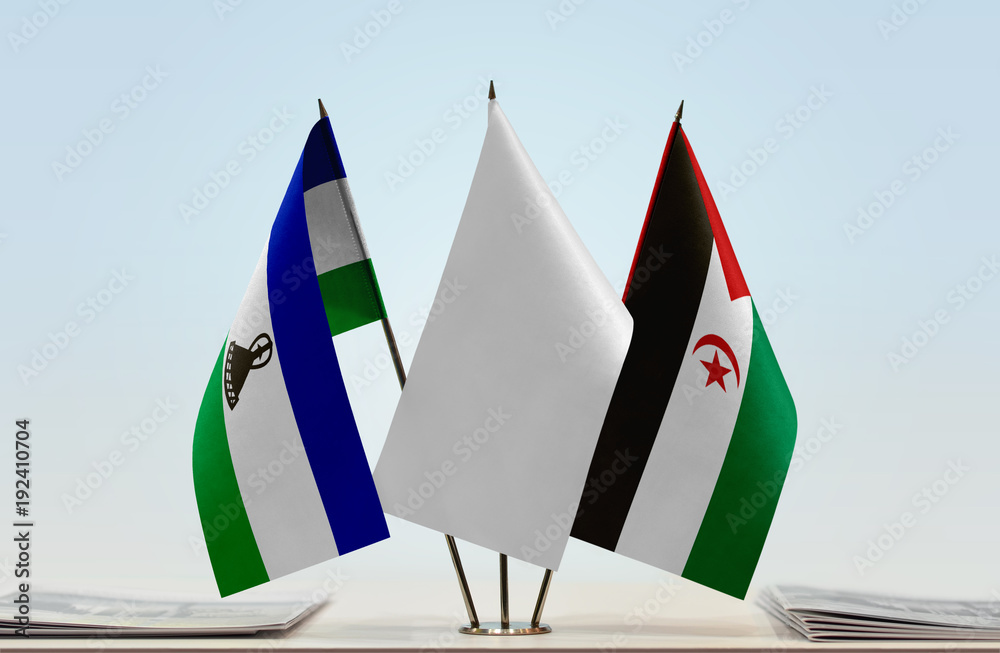 Flags of Lesotho and Sahrawi Arab Democratic Republic with a white flag ...