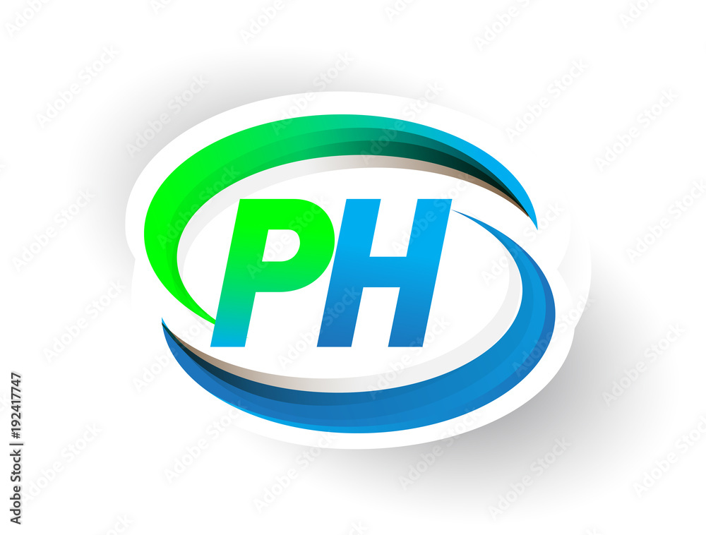 initial letter PH logotype company name colored blue and green swoosh ...