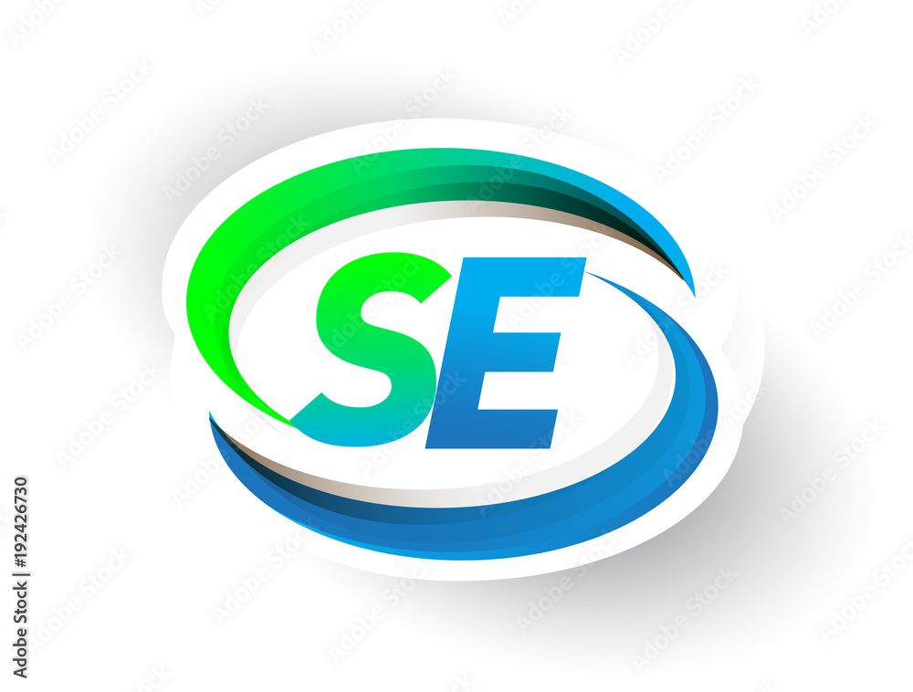 initial letter SE logotype company name colored blue and green swoosh ...