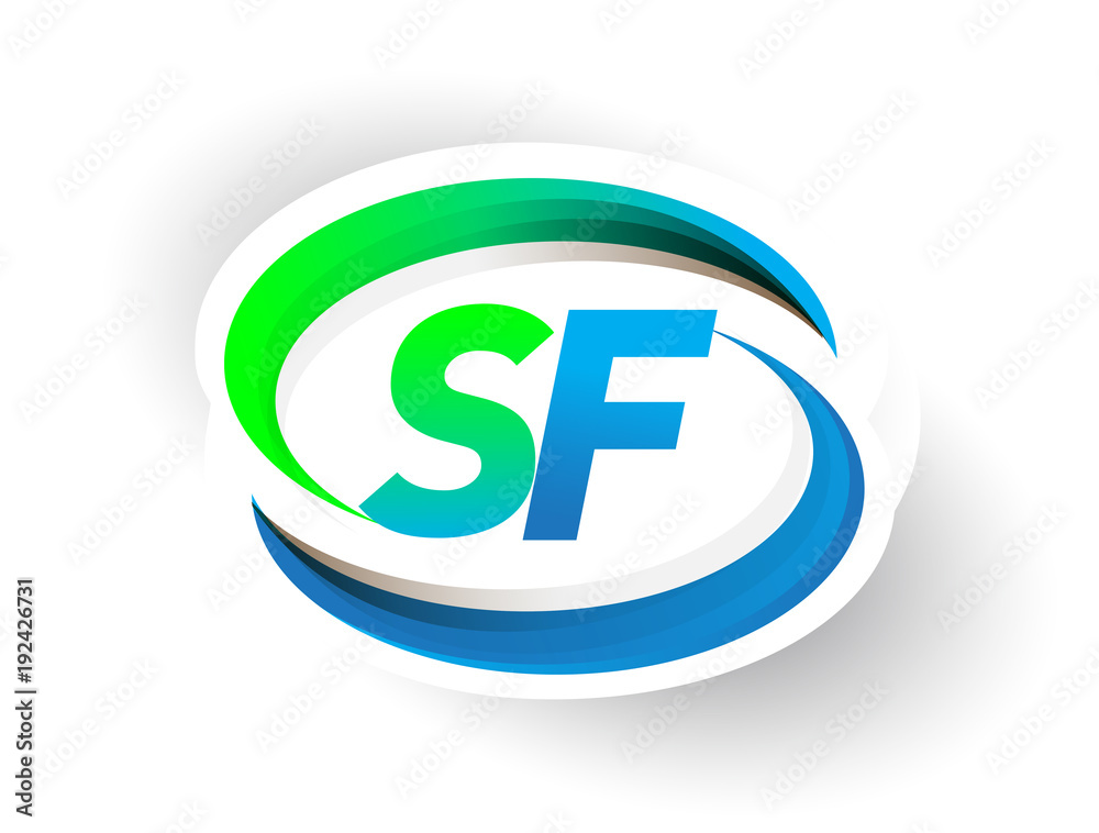 initial letter SF logotype company name colored blue and green swoosh ...
