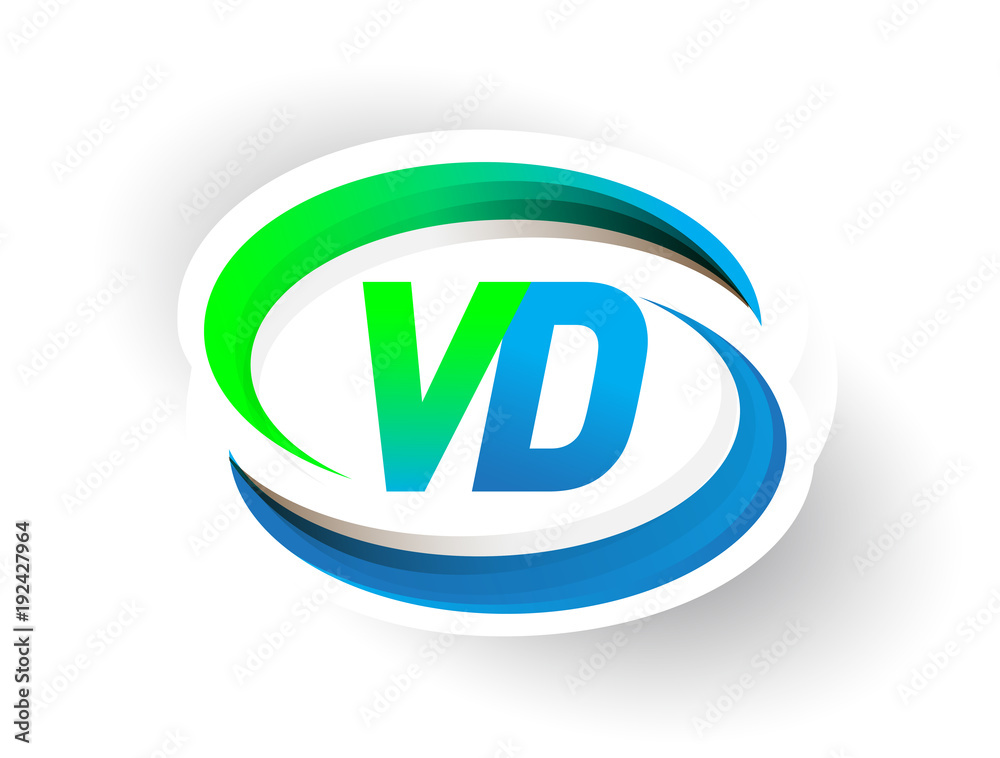 initial letter VD logotype company name colored blue and green swoosh ...