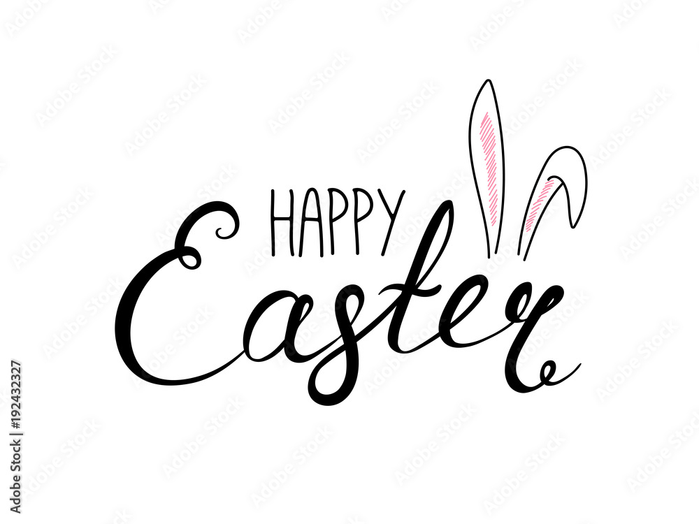 Hand written Happy Easter lettering with cute cartoon rabbit ears ...